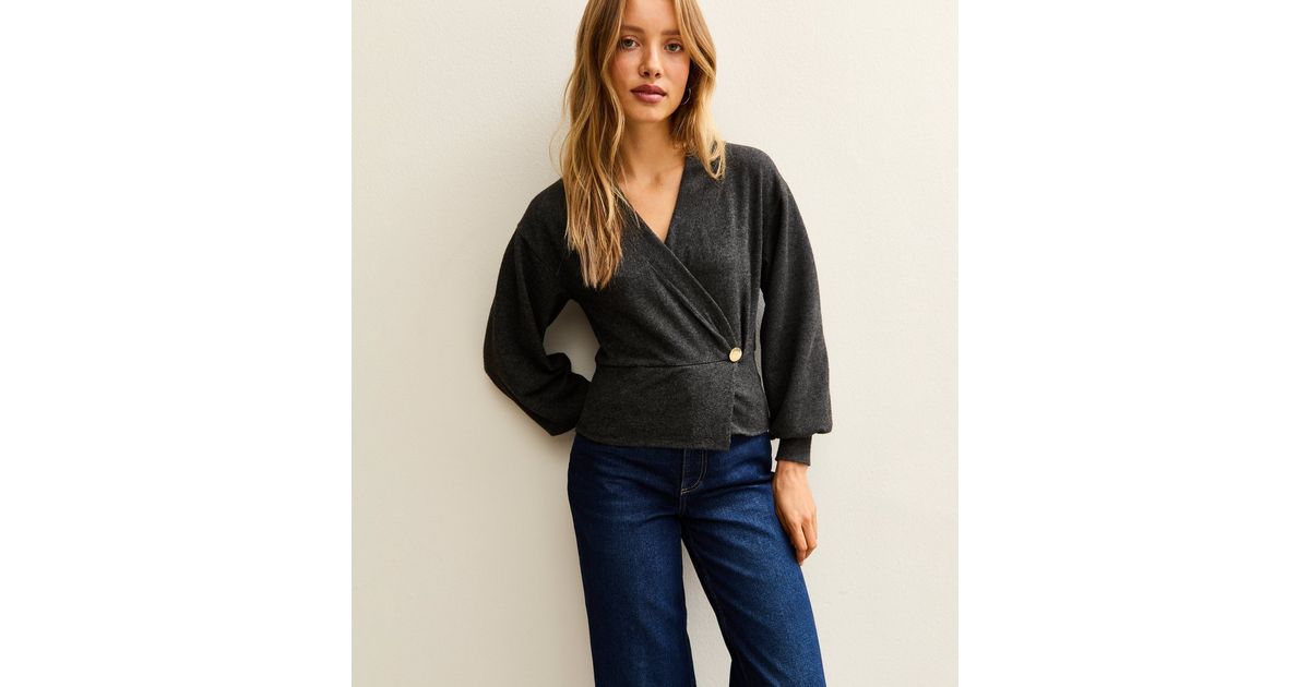 Dark Grey Soft Touch Wrap Top | New Look