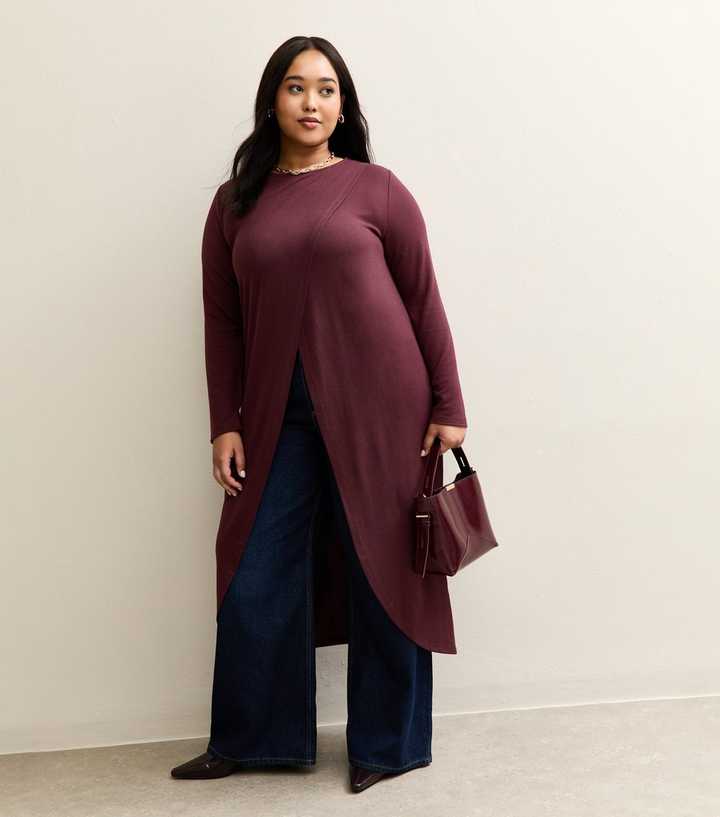 Curves Dark Burgundy Soft Touch Longline Wrap Top | New Look