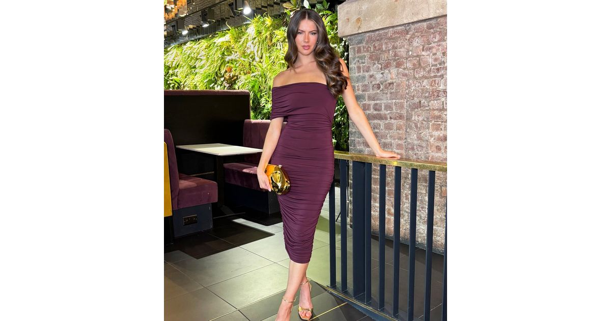 AX Paris Dark Purple Off The Shoulder Ruched Midi Dress | New Look