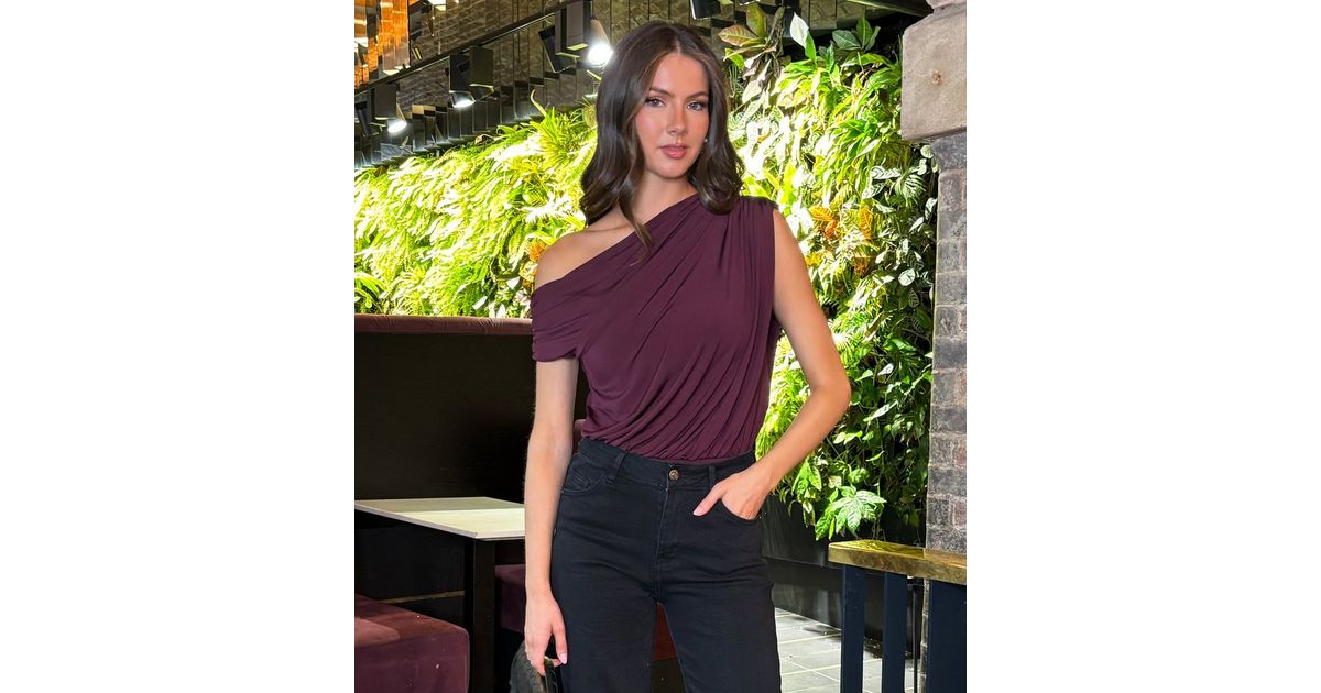 AX Paris Dark Purple Draped Off the Shoulder Bodysuit | New Look