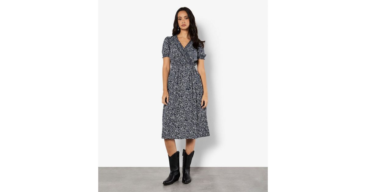 Apricot Navy Fruit Floral Print Wrap Midi Dress | New Look