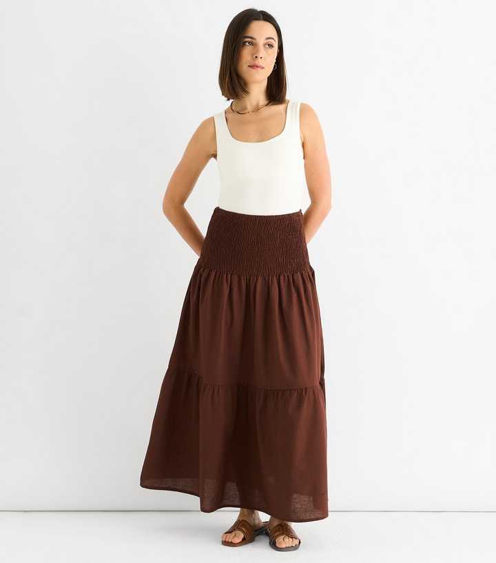 Gini London Rust Smocked Tiered Maxi Skirt | New Look