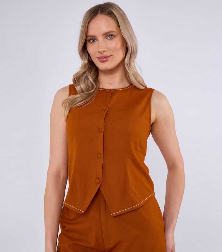 Gini London Rust Contrast Stitch Button Up Top | New Look