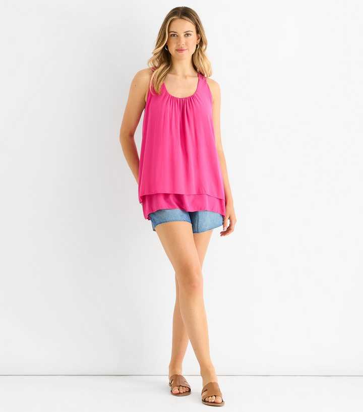 Gini London Pink Crochet Panel Double Layer Top | New Look