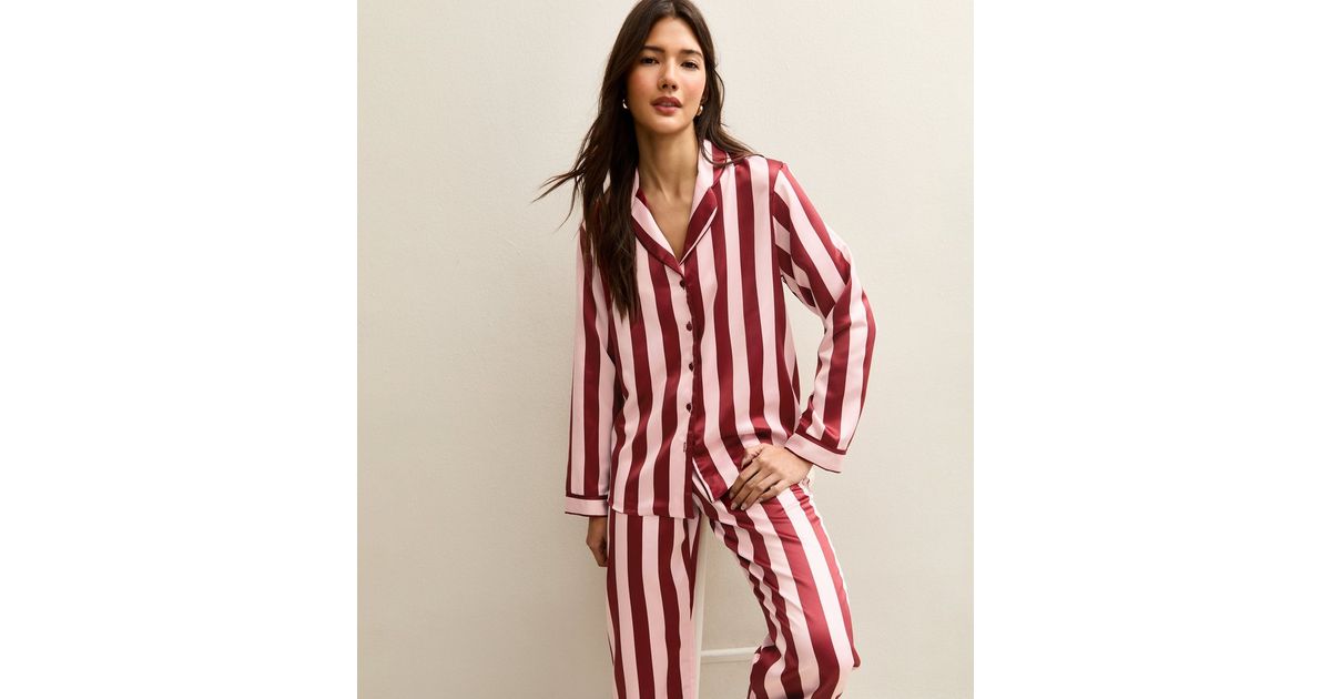 Red Satin Stripe Revere Collar Shirt and Trousers Pyjama Set | New Look