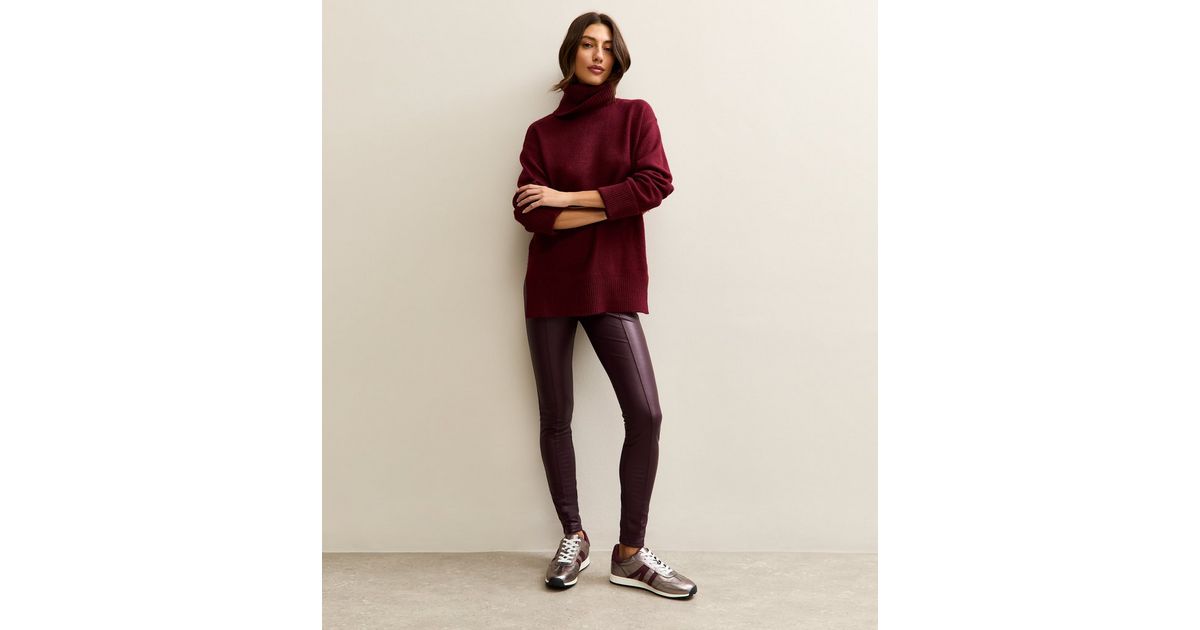 Tall Burgundy Faux Leather Seams Leggings | New Look