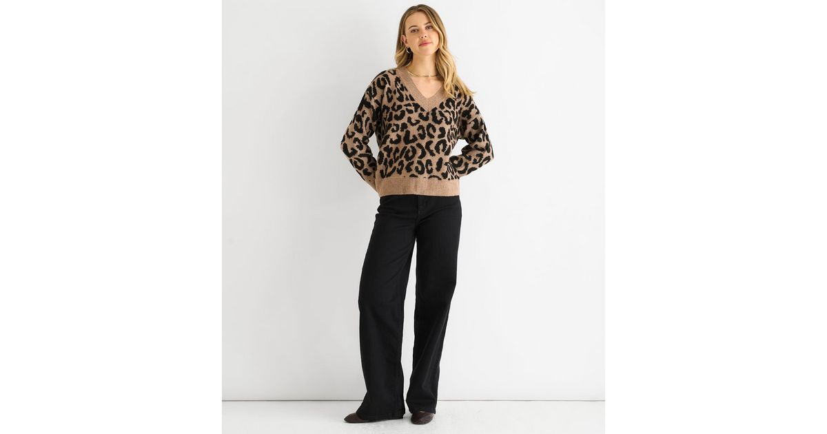 Gini London Brown Animal Print V-Neck Jumper | New Look