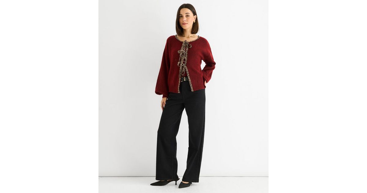 Gini London Red Leopard Print Trim Tie Front Cardigan | New Look