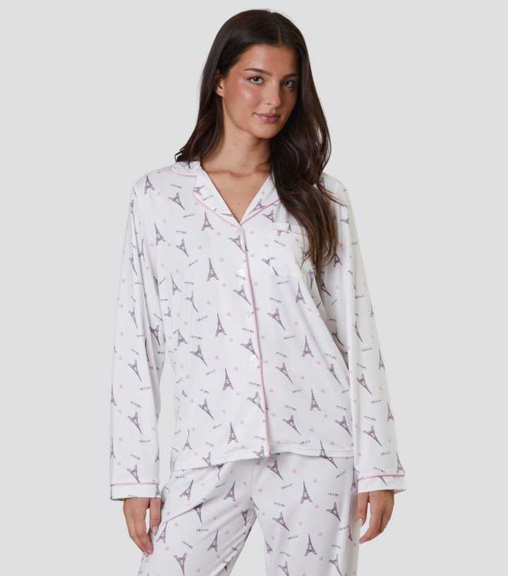 Loungeable White Paris Ooh Lala Print Long Sleeve Top and Trousers ...