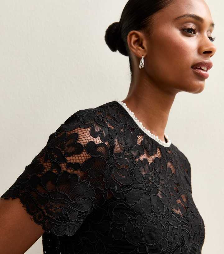 Black Lace Faux Pearl Trim Top | New Look