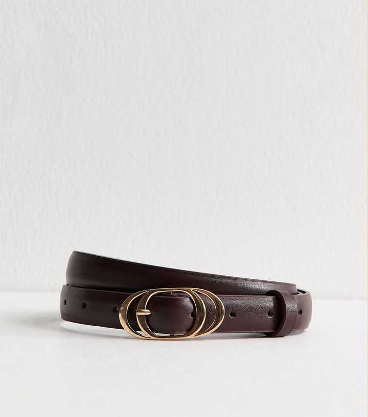 Dark Brown Faux Leather Double Oval Skinny Belt | New Look