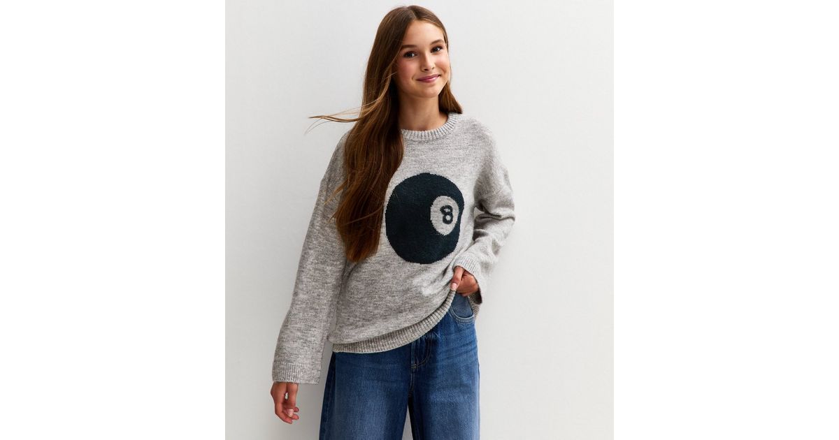 Girls Mid Grey Eight Ball Crew Neck Jumper | New Look