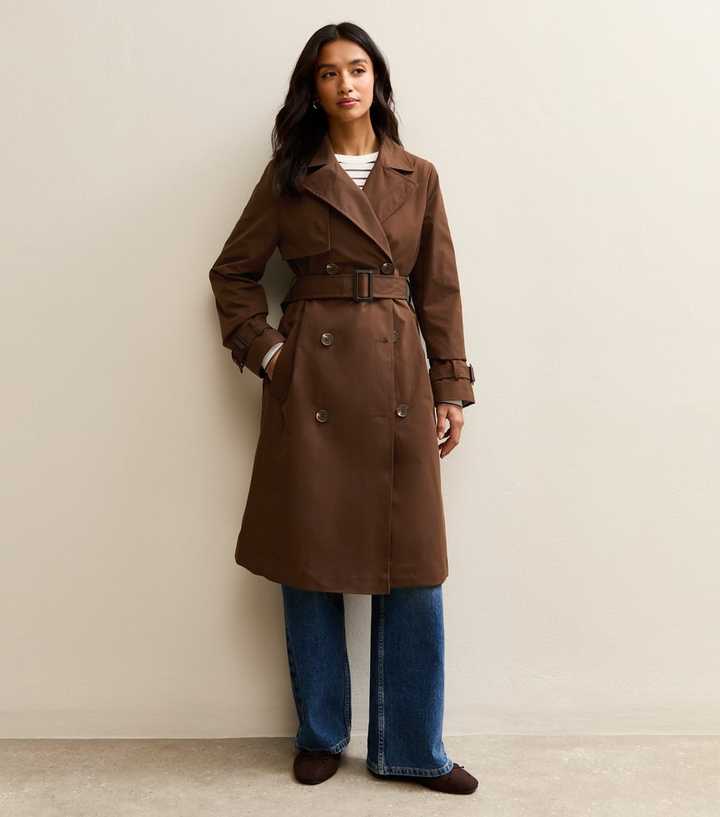Petite Dark Brown Double Breasted Belted Mac Coat | New Look