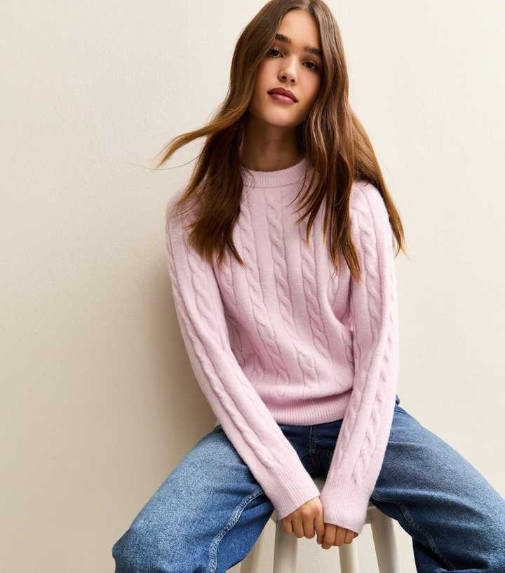Light Pink Cable Knit Crew Neck Jumper | New Look