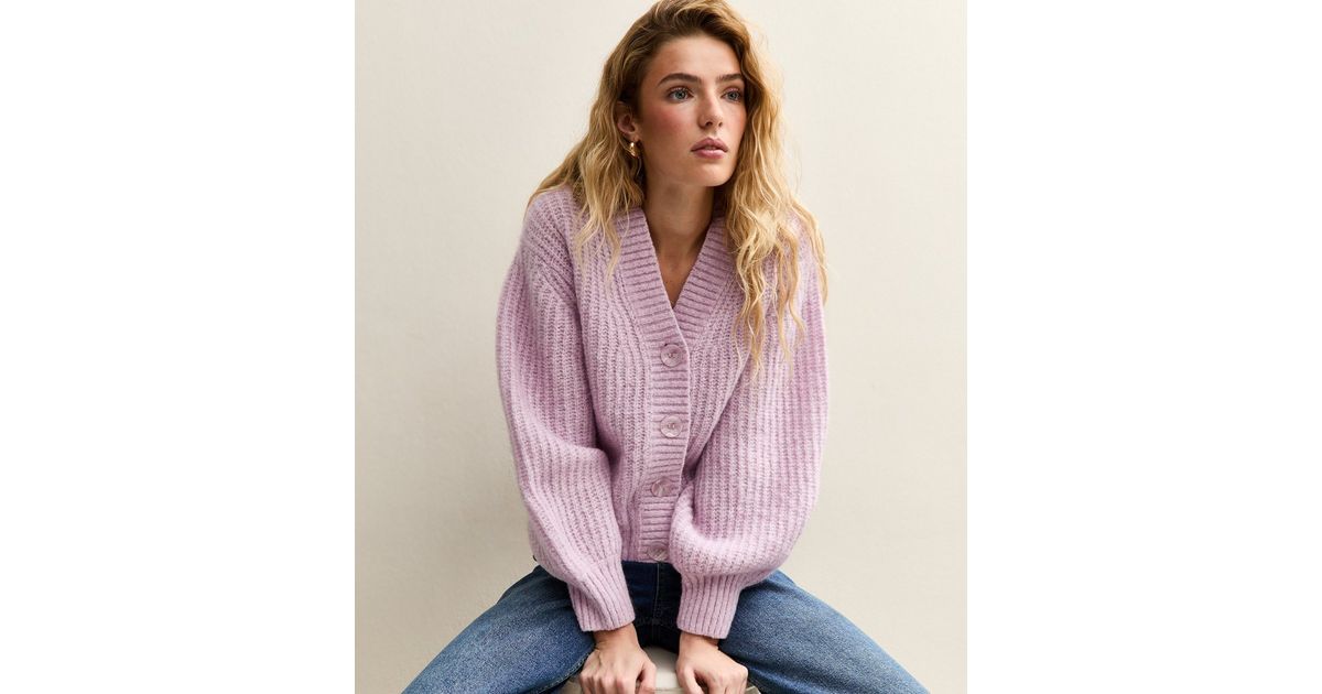 Lilac Chunky Knit V-Neck Cardigan | New Look