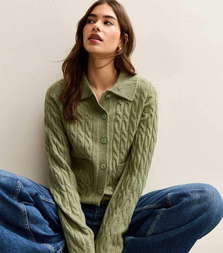 Green Cable Knit Collared Cardigan | New Look