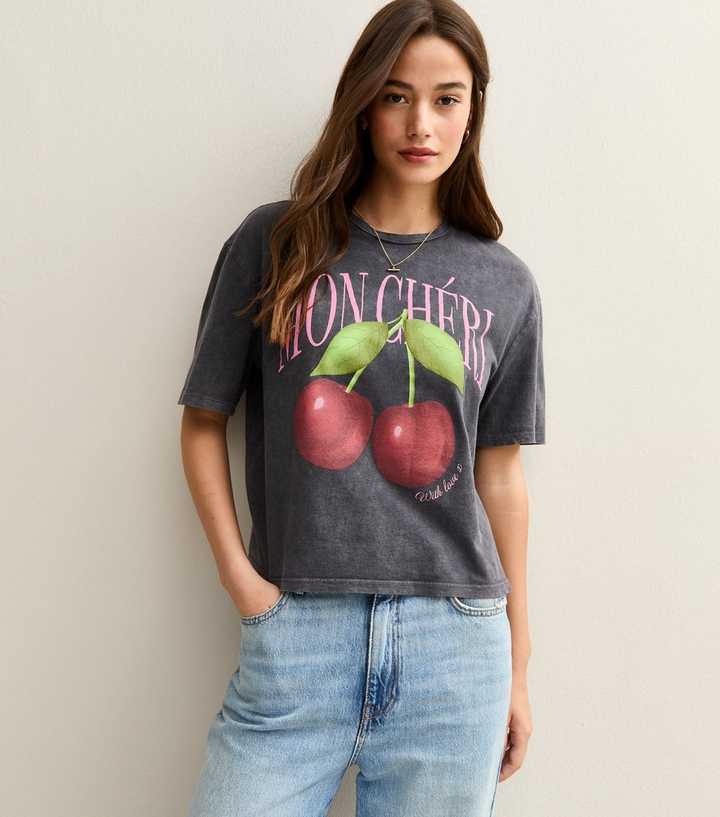 Dark Grey Mon Cheri Print Boxy T-Shirt | New Look