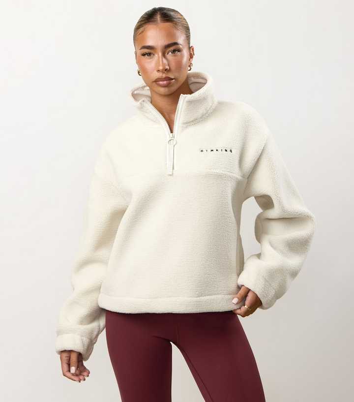 Gym King Cream Fleece Logo Embroidered Quarter Zip Sweatshirt | New Look