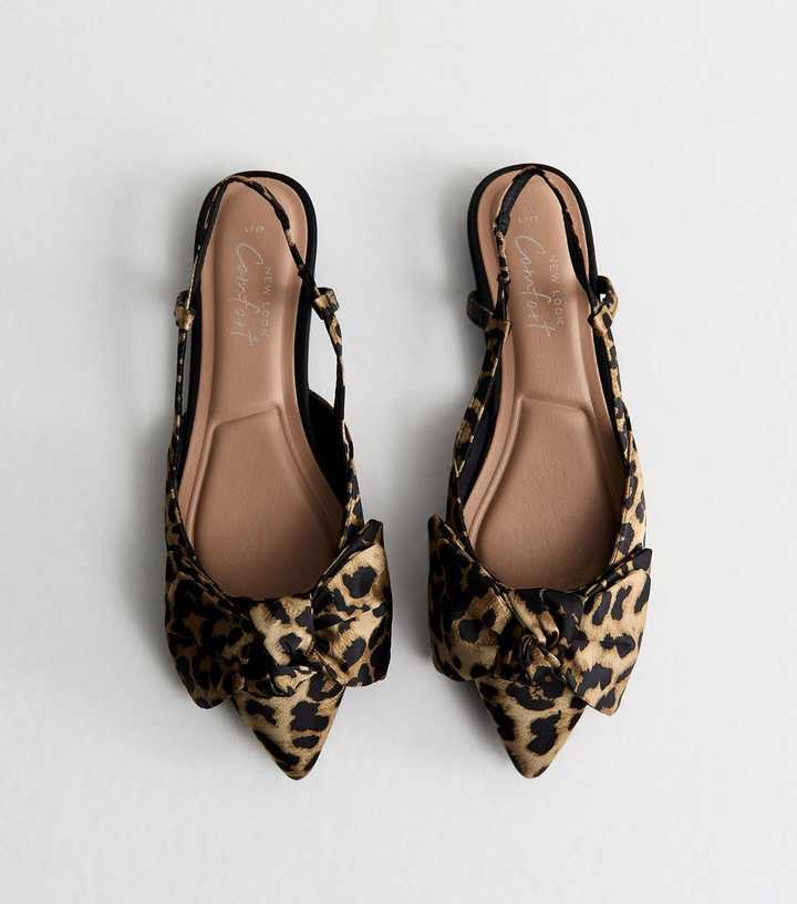 Brown Leopard Print Satin Bow Slingback Ballerina Pumps | New Look