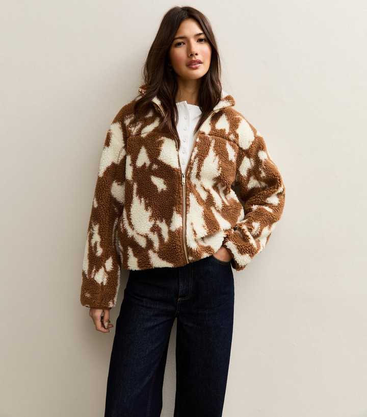 Tan Abstract Print Borg Zip Front Jacket | New Look