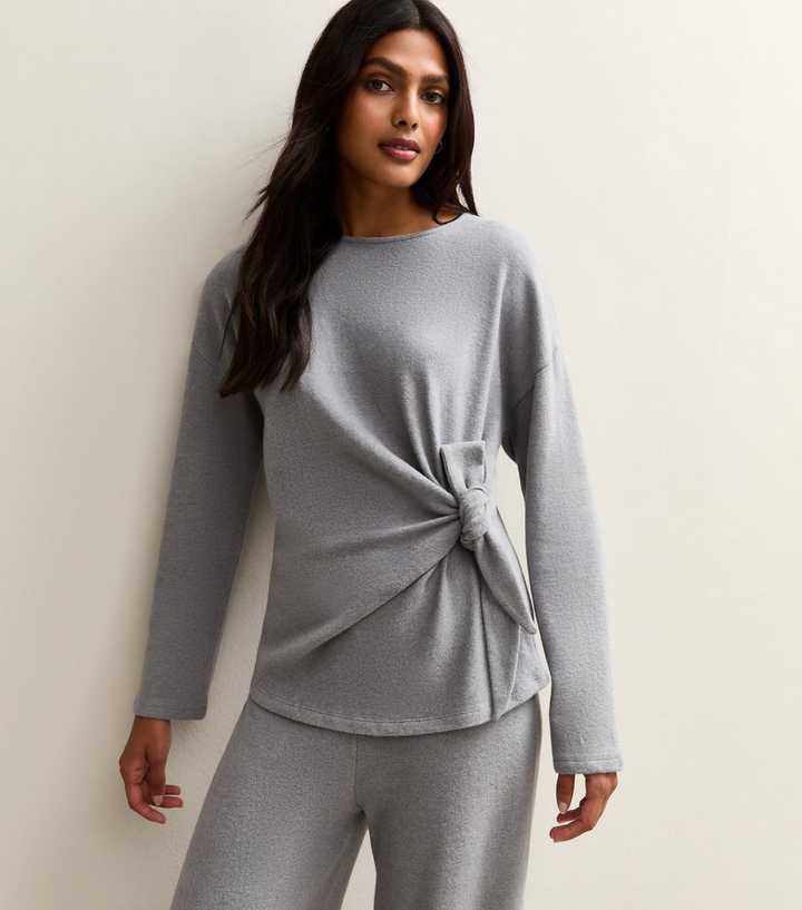 Grey Soft Touch Tie Front Long Sleeve Top | New Look