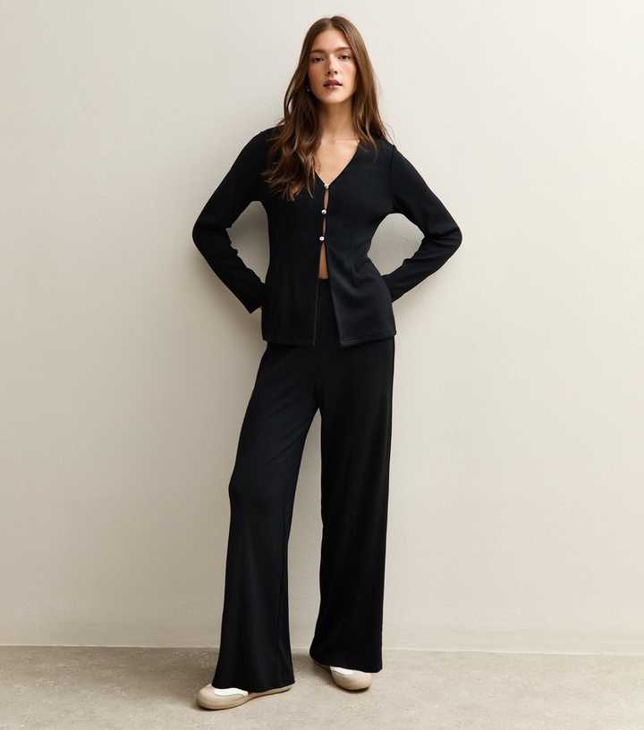 Black Soft Touch Front Seam Wide Leg Trousers | New Look