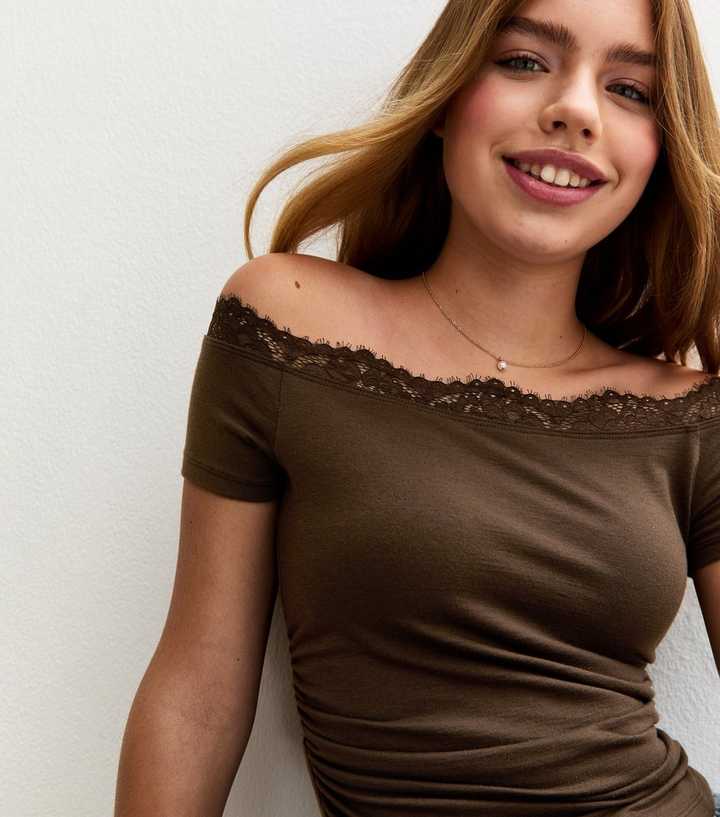 Girls Brown Lace Trim Ruched Bardot Top | New Look