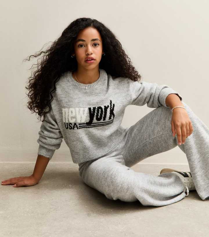 Girls Grey New York Slogan Knitted Jumper | New Look