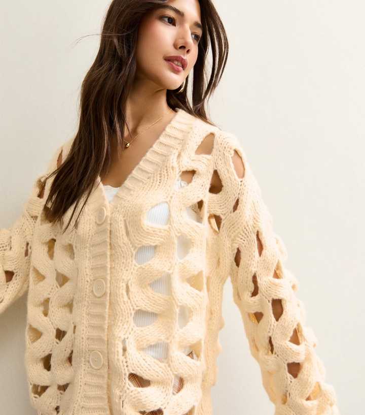 Gini London Cream Hollow Chunky Knit Cardigan | New Look