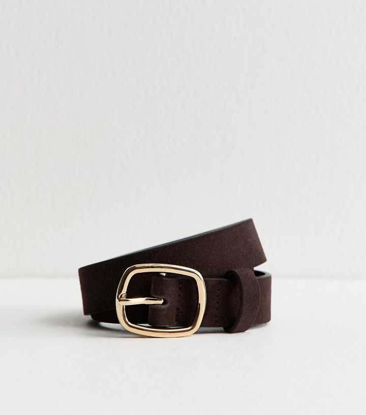 Dark Brown Real Suede Rectangle Buckle Belt | New Look