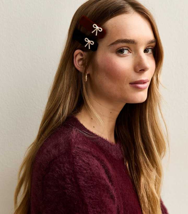 Pack Of 2 Black and Red Velvet Embellished Bow Hair Slides | New Look