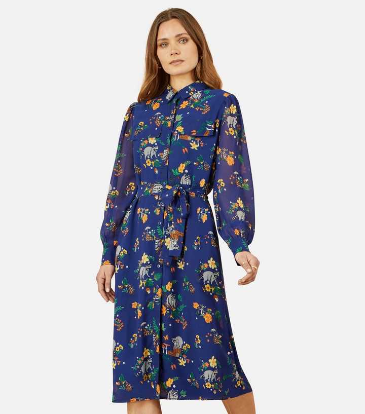 Yumi Blue Racoon Print Belted Midi Shirt Dress | New Look