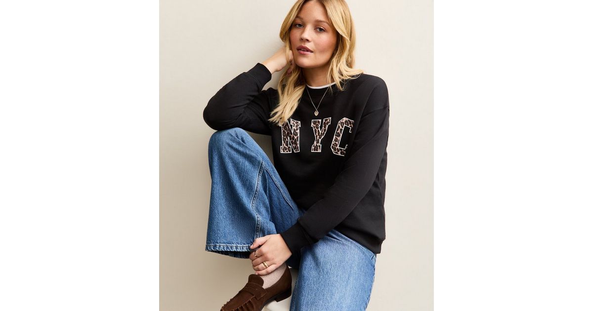 Black NYC Leopard Print Logo Sweatshirt | New Look