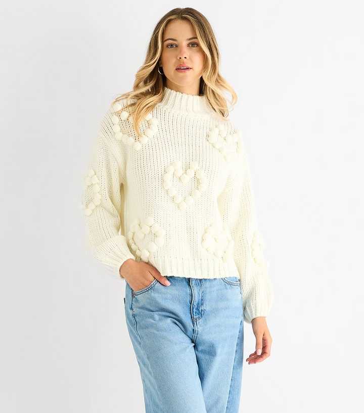 Gini London Cream Heart Bubble Knit Jumper | New Look