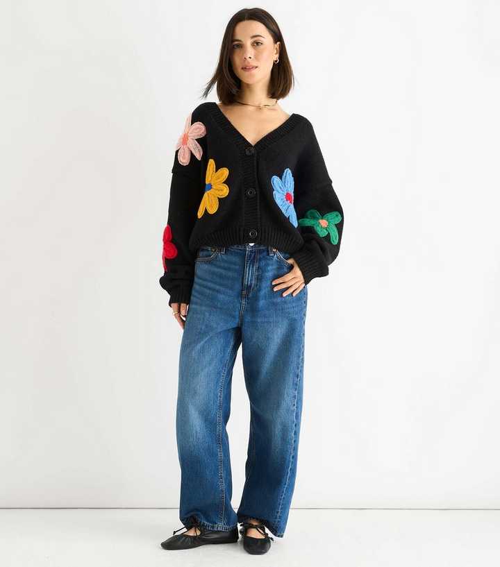Gini London Black Floral Applique Cardigan | New Look
