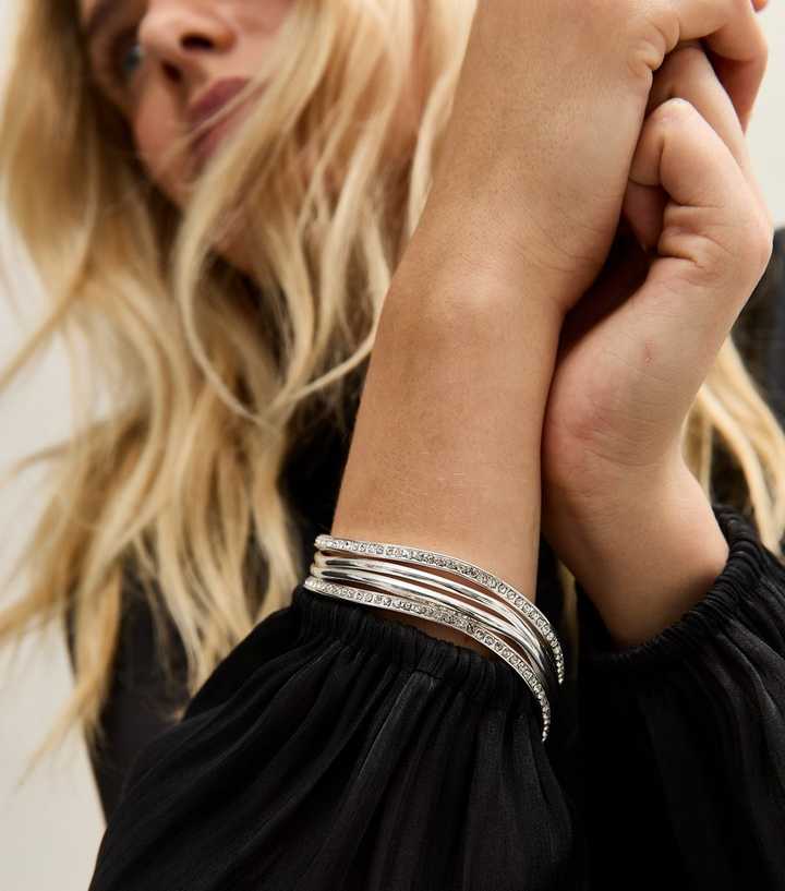 Pack of 4 Silver Tone Diamante Bangle | New Look