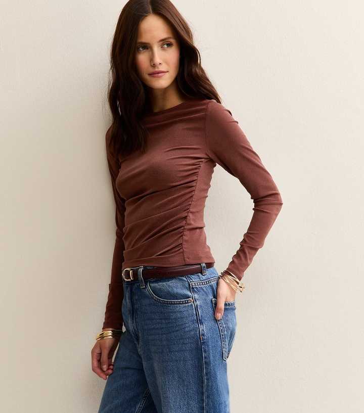 Dark Brown Slash Neck Ruched Long Sleeve Top | New Look