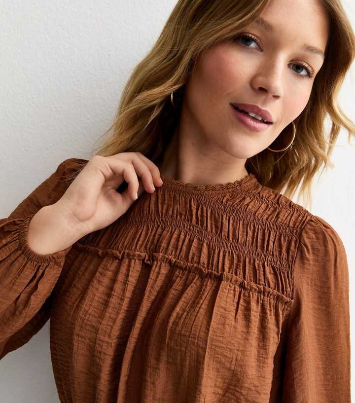 Dark Brown Shirred Crew Neck Blouse | New Look