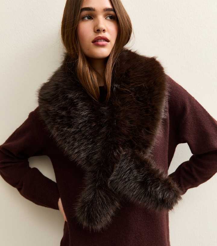 Dark Brown Faux Fur Stole Scarf | New Look