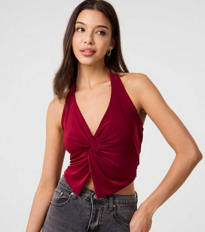 Pink Vanilla Burgundy Knotted Front Halterneck Top | New Look
