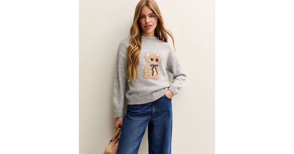 Girls Mid Grey Kitten Design Crew Neck Jumper | New Look