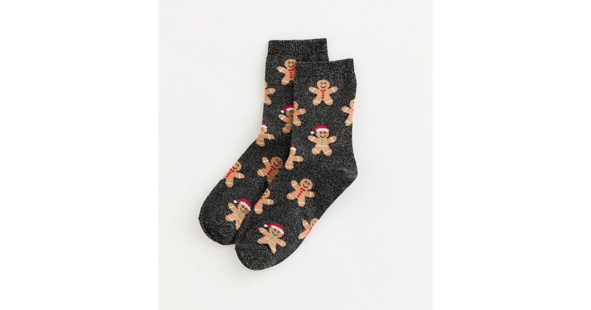 Black Sparkly Christmas Gingerbread Socks | New Look