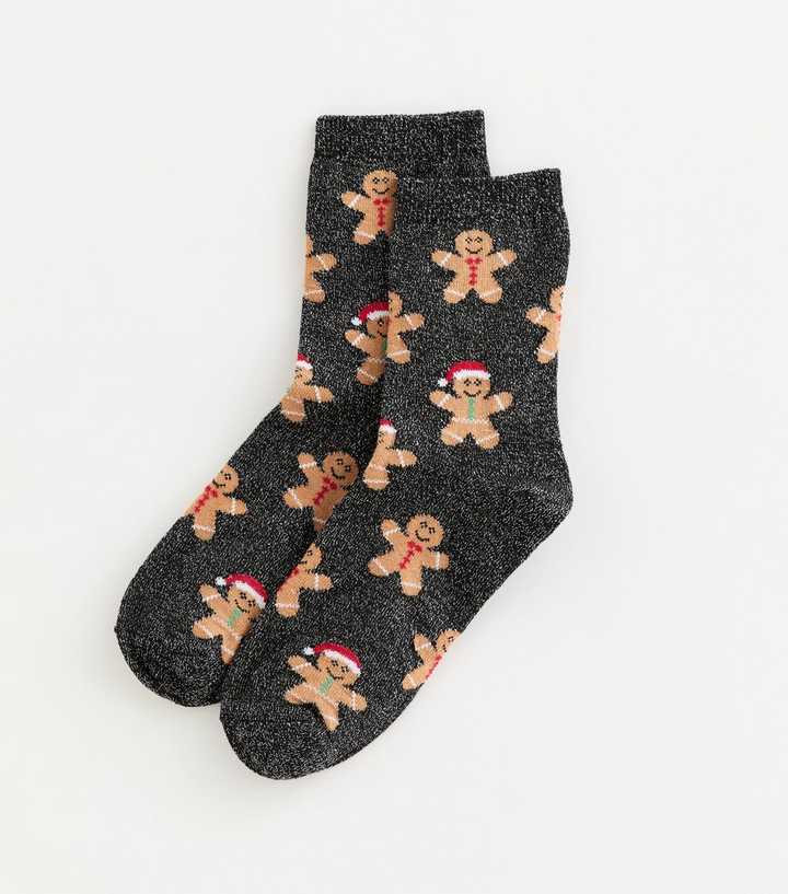 Black Sparkly Christmas Gingerbread Socks | New Look