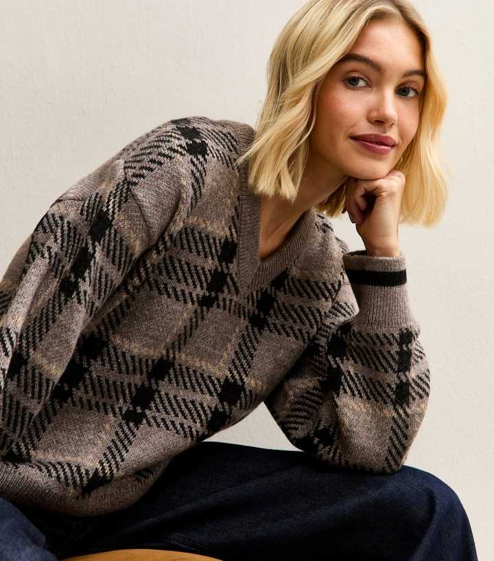 Brown Check V-Neck Jumper | New Look