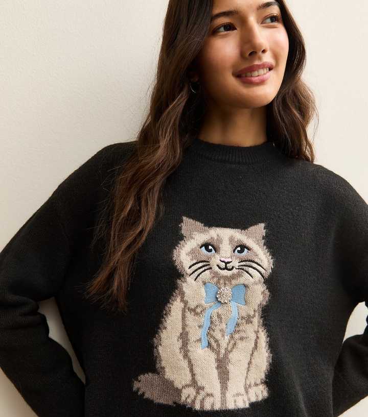 Black Cat Motif Longline Jumper | New Look