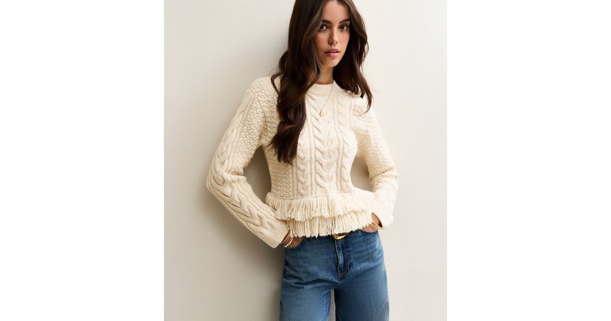 Cream Cable Knit Fringe Hem Jumper | New Look