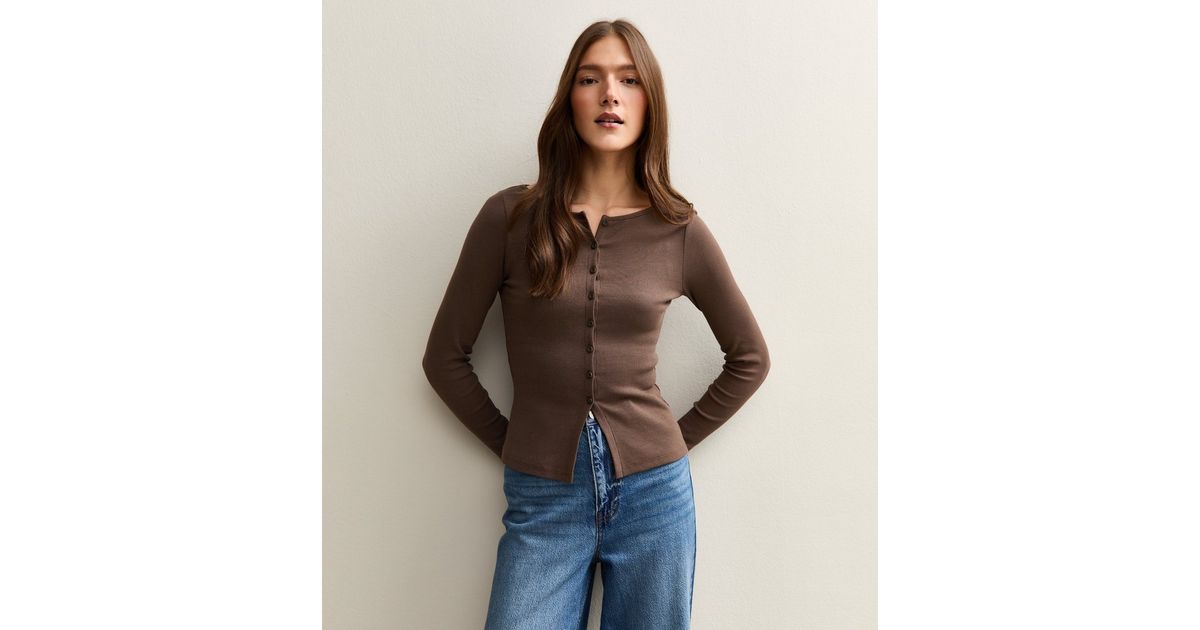 Dark Brown Rib Button Up Long Sleeve Top | New Look