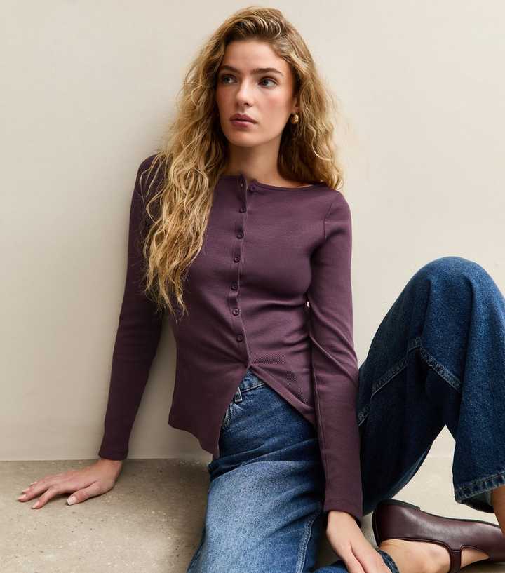 Dark Purple Rib Button Up Long Sleeve Top | New Look
