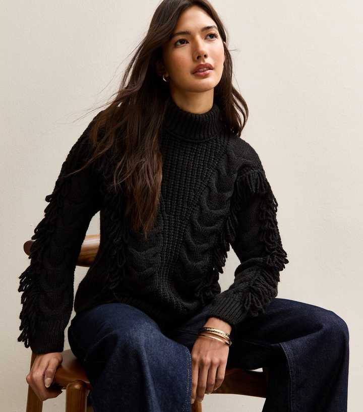 Black Cable Knit Looped Fringe Jumper | New Look