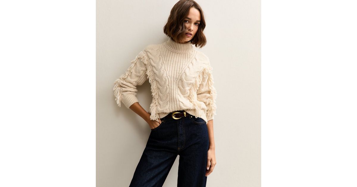 Cream Cable Knit Looped Fringe Jumper | New Look